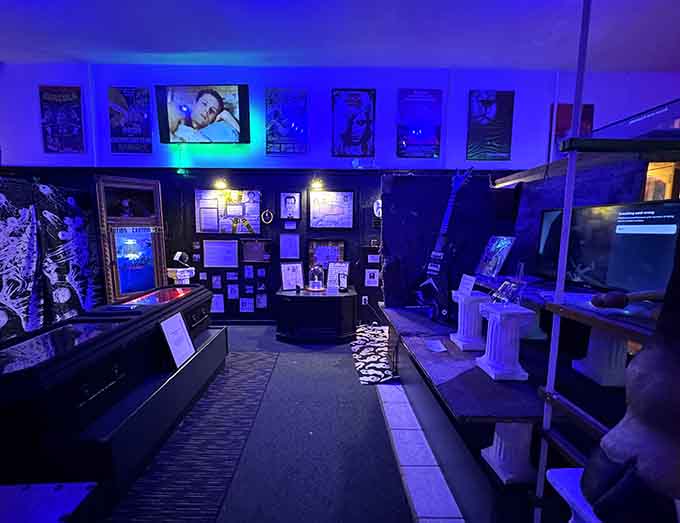 Bathed in eerie blue light, this corridor of horror memorabilia feels like walking through a fever dream.