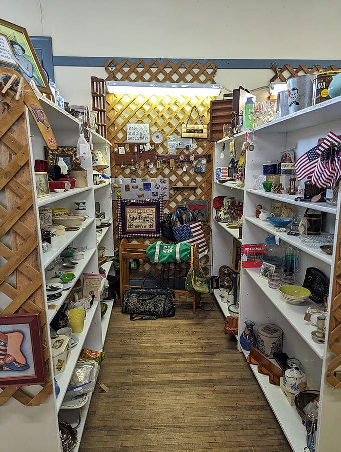 White lattice creates charming pathways through this booth, where Americana treasures and patriotic memorabilia celebrate simpler times gone by.