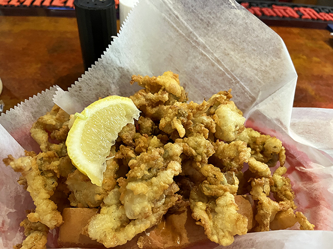 A paper boat of happiness – these whole belly clams with their light, crispy batter and briny sweetness are worth every minute in line.