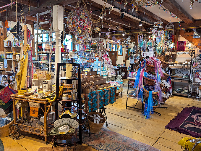 Colorful treasures fill every corner, turning this cozy barn shop into a wonderland of handmade delights.