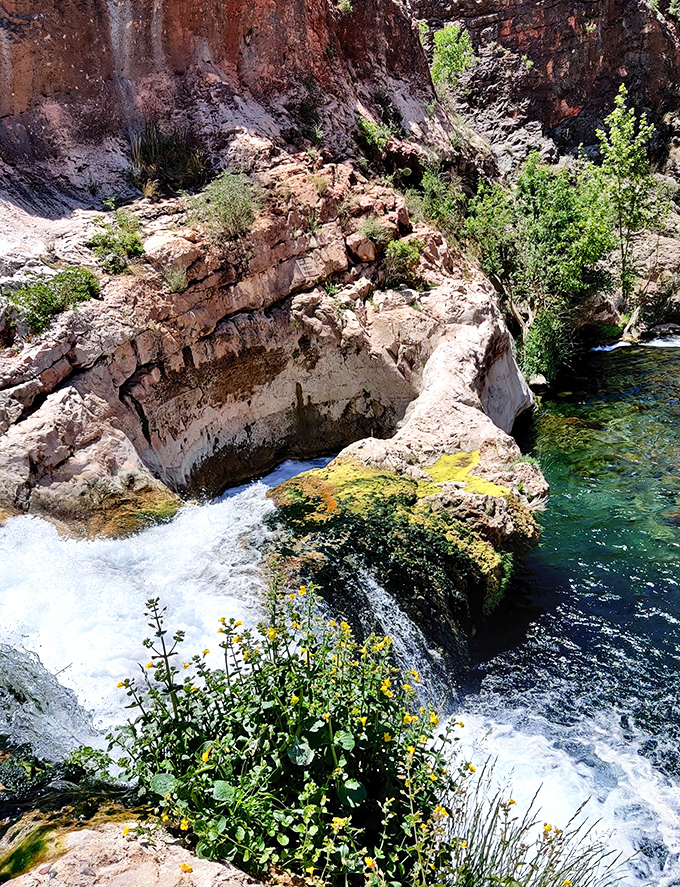 Looking down from above: The creek carves its way through rocky terrain, creating a ribbon of turquoise that stands out dramatically.