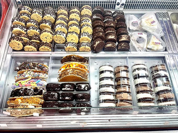 Ice cream sandwiches lined up like soldiers in a delicious army. Each one ready to battle bad days with the perfect cookie-to-cream ratio.