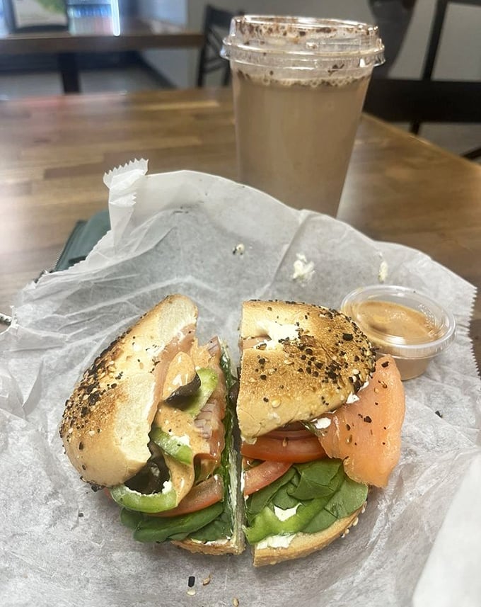 Jalapeño cream cheese and veggie bagel: A garden party in sandwich form – crisp vegetables and spicy jalapeño cream cheese create flavor fireworks with every bite.
