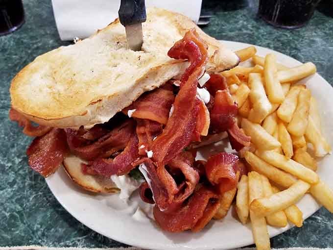 This bacon tower makes the Leaning Tower of Pisa look structurally sound by comparison.