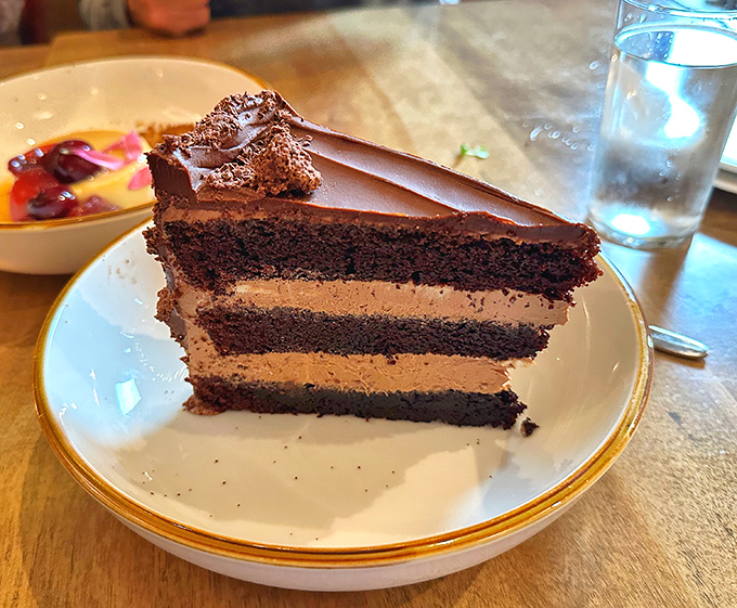 Chocolate lovers, meet your match: layers of dark chocolate cake and mousse that might make you propose marriage to your dessert.