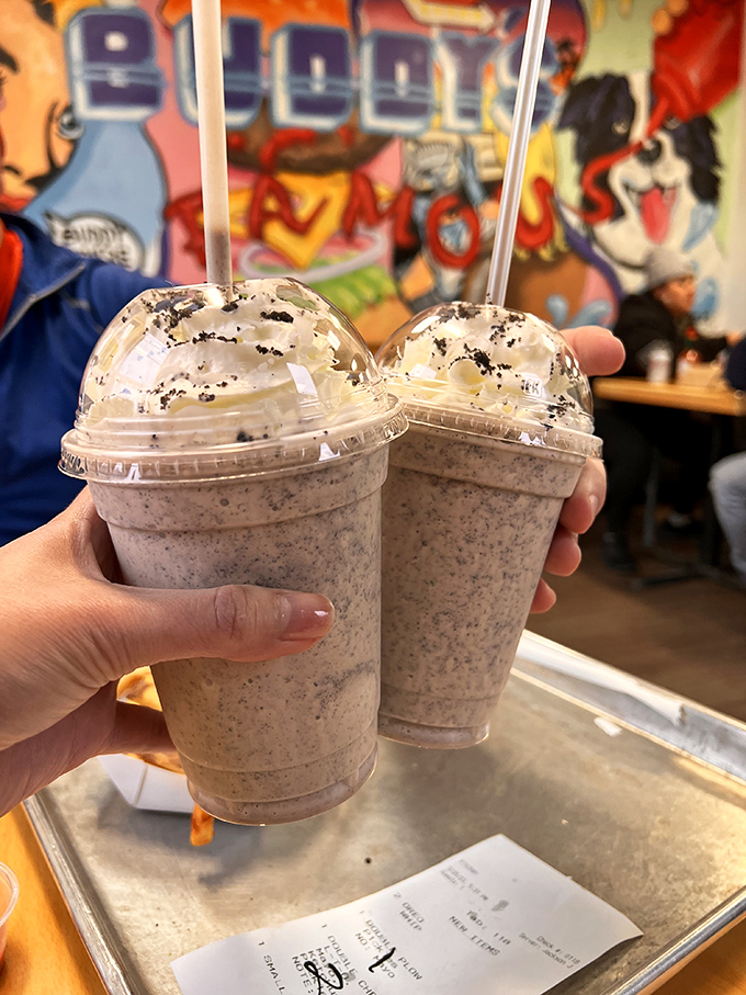Double trouble! These twin towers of creamy indulgence showcase why Buddy's milkshakes have achieved cult status throughout Vermont.
