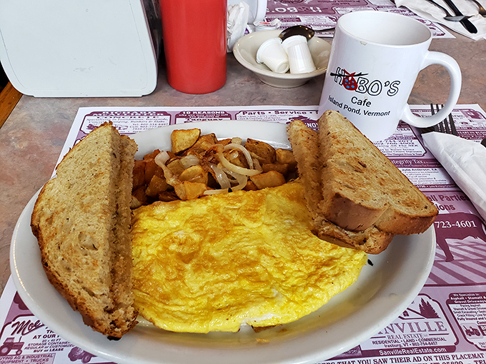 A proper Vermont breakfast: an omelet that's seen a hot griddle and home fries with the perfect crisp-to-fluffy ratio.