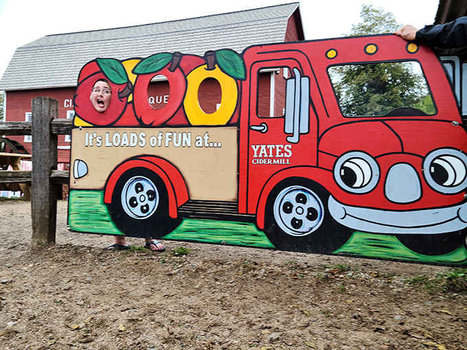 Even the photo cutouts at Yates bring smiles &ndash; because nothing says "fall family fun" like pretending to be a cartoon apple truck.