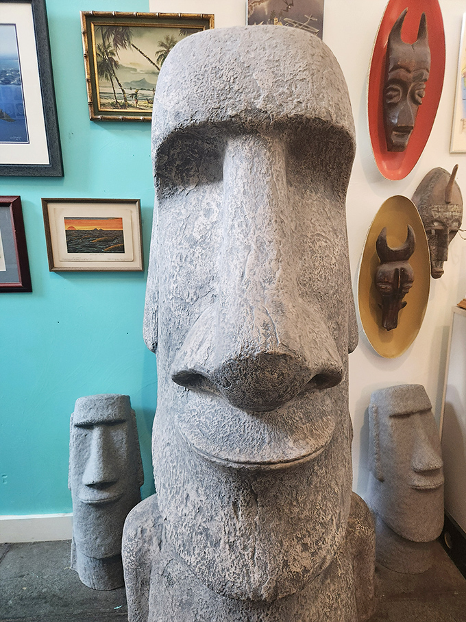 Easter Island meets cryptozoology with this towering Moai replica, silently judging your skepticism about fur-bearing trout and jackalopes.