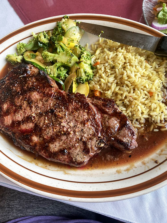 This isn't just any steak &ndash; it's a masterclass in proper cooking, with a perfect sear giving way to juicy tenderness, complemented by seasonal vegetables.