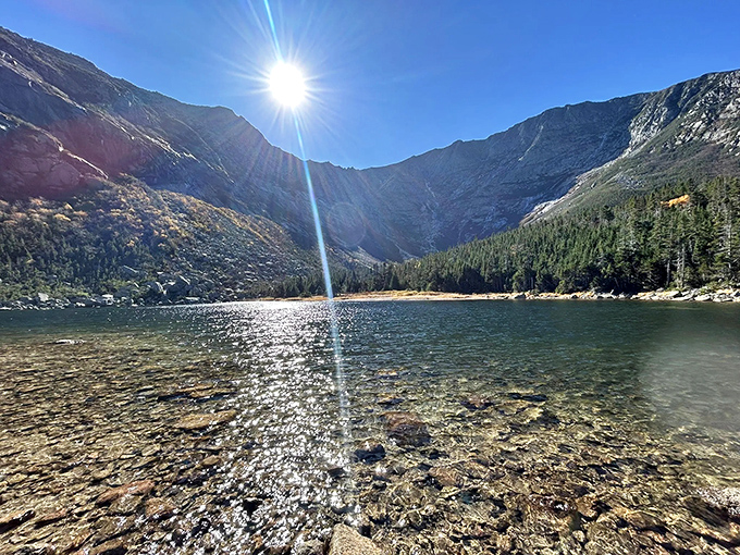 Sunrise ignites Chimney Pond with golden light, turning ordinary water into liquid amber while illuminating every pebble beneath the surface.