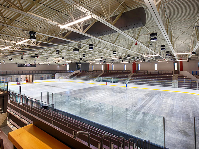 Stadium seating with a view: From here, spectators can witness the full glory of ice bumper car battles below.