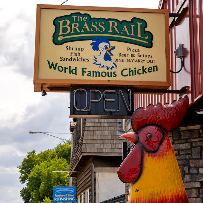 Holy cluck! With a rooster this colorful guarding the door, you know the chicken inside must be out of this world.