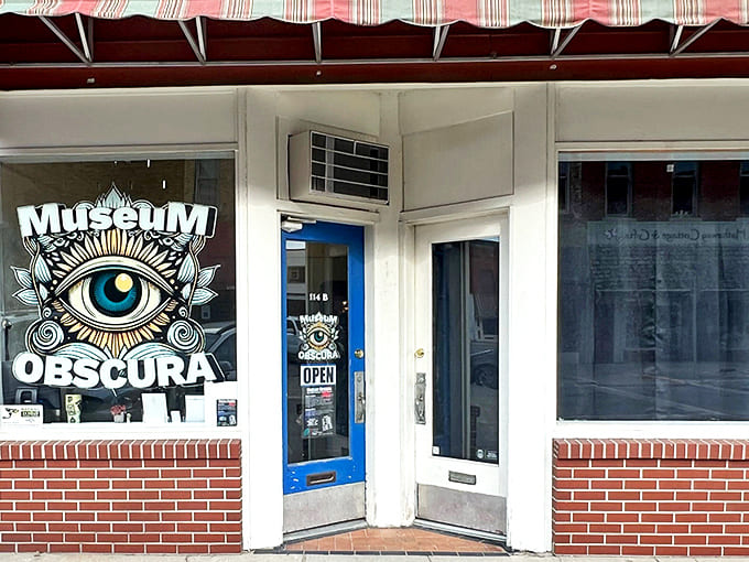 Museum Obscura's storefront features an eye-catching logo that seems to watch passersby, inviting the curious to explore strange wonders within.