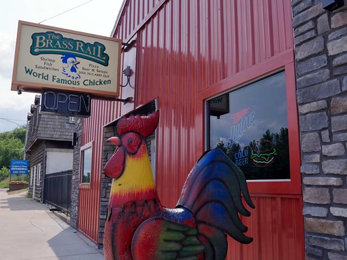 Red, rustic, and ruled by roosters. The Brass Rail: where chicken is king and every meal feels like a barnyard bash.