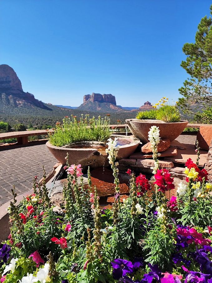 Flowers blooming amidst red rocks? It's like Mother Nature decided to throw a garden party in the middle of Mars.