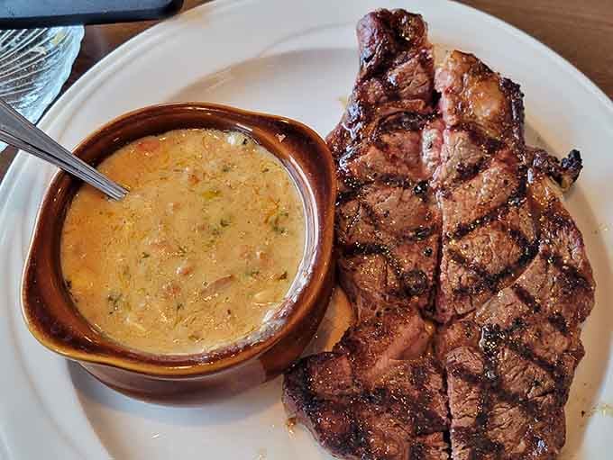 That perfectly grilled ribeye paired with creamy chorizo chowder is the kind of combo that makes you forget about counting calories.