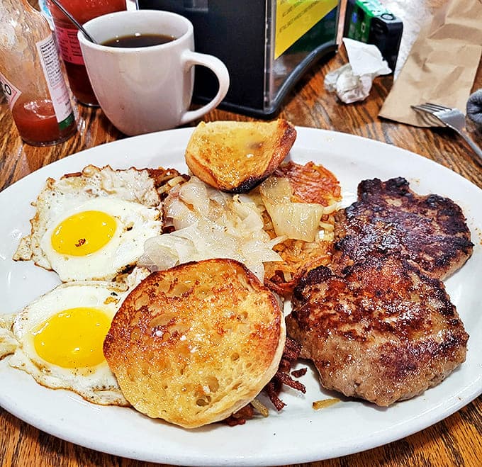 The American breakfast platter doesn't just start your day &ndash; it launches it into orbit with perfectly cooked eggs, hashbrowns, and sausage patties.