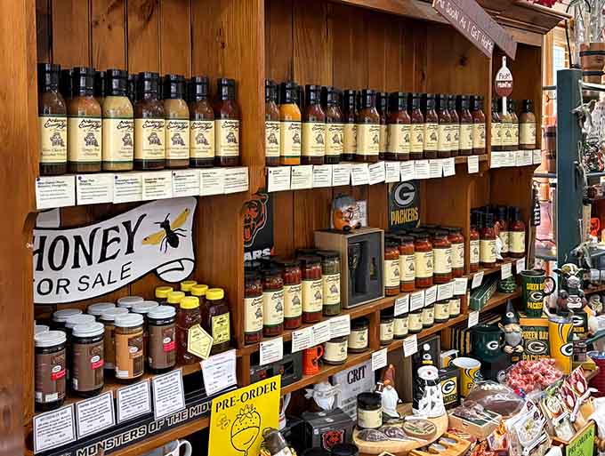 Local honey and specialty sauces line the shelves, proving this shop knows good food extends beyond chocolate, though chocolate helps.