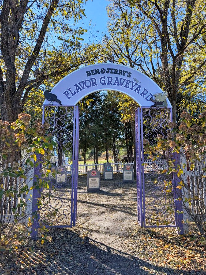 The entrance to the Flavor Graveyard beckons visitors through an ornate archway. Beyond lies a memorial garden where discontinued flavors rest in peace.