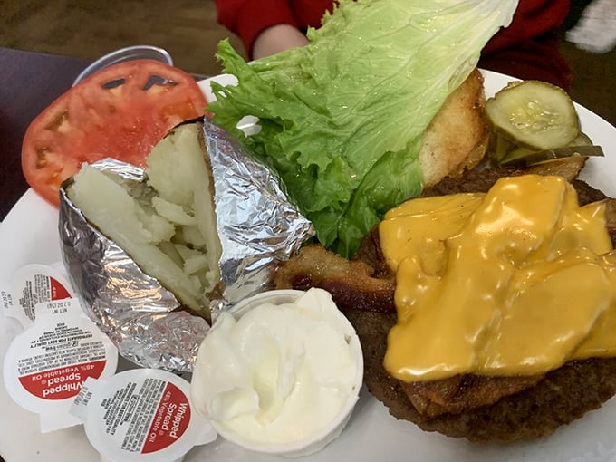 A burger that's not messing around. This bad boy comes with a baked potato sidekick that's ready to soak up any escaped juices.