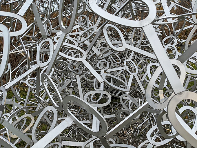 A mesmerizing tangle of metallic loops and curves creates an optical illusion that changes with every viewing angle. 