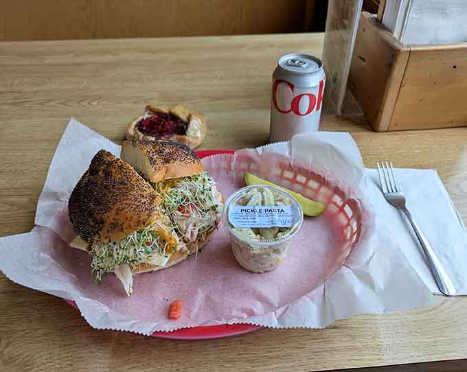 Pasta salad and a loaded sandwich create a meal substantial enough to fuel an afternoon of exploring Winona's scenic river town charm.
