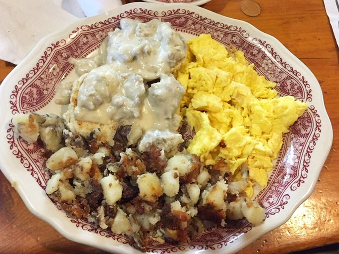 Biscuits and gravy that would make a Southern grandmother nod in approval, sharing the plate with the stars of the show.