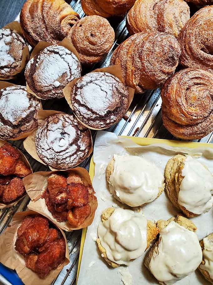 That pastry case is basically a bakery museum where everything's edible and the cinnamon rolls could double as small throw pillows.