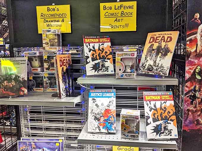 Bob's carefully curated collectibles section features everything from Batman coloring books to Walking Dead memorabilia for serious collectors.
