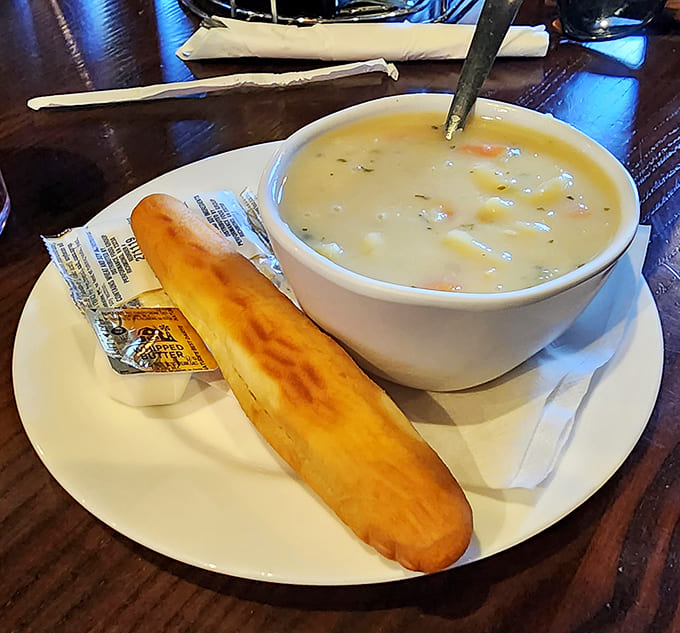 A bowl of chicken dumpling soup with that breadstick standing at attention is comfort food that could warm even Minnesota's coldest winter day.