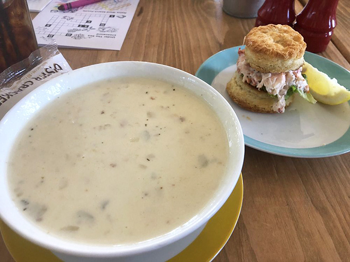 The ultimate power couple: velvety clam chowder alongside a petite lobster slider. New England comfort food elevated to art form status.