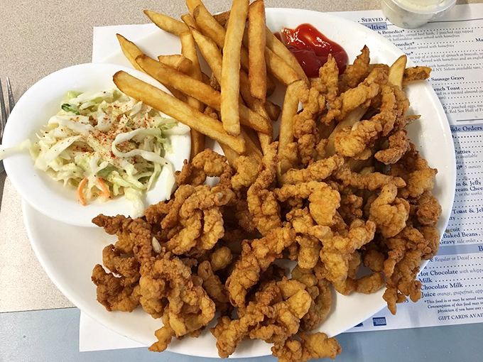 Fried clam strips that crackle with golden perfection, served alongside crispy fries and creamy coleslaw &ndash; the holy trinity of diner seafood platters.