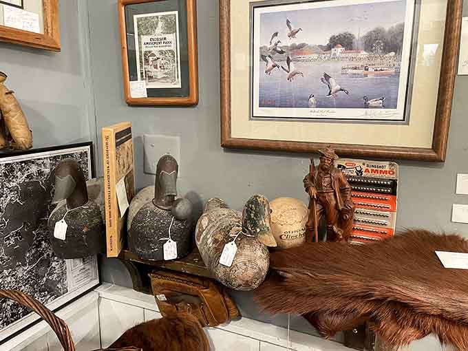 Hand-carved duck decoys showcase the artistry of hunters who understood that even functional items deserved to be beautiful and well-crafted.