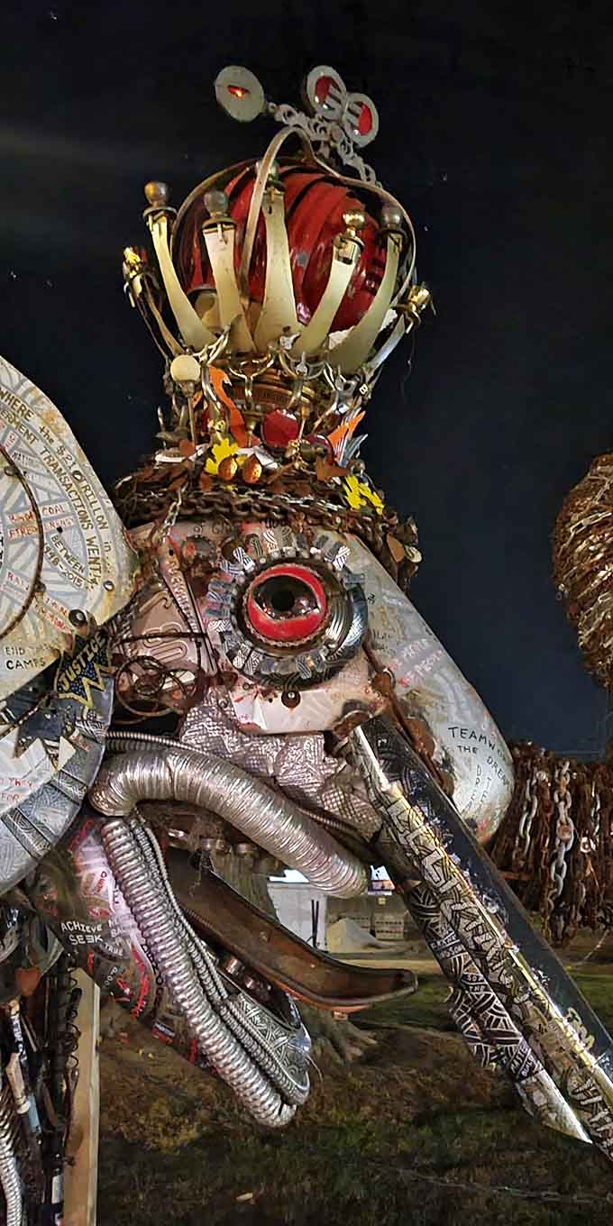 When darkness falls, the Crazy Presidential Elephant takes on an ethereal quality, its crown glowing like it's ready for a midnight coronation.