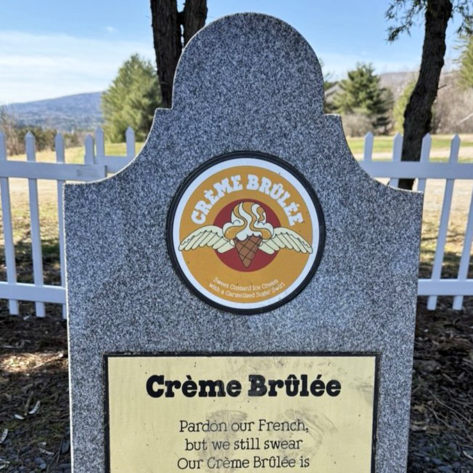 Cr&egrave;me Br&ucirc;l&eacute;e's tombstone offers a cheeky apology for their French pronunciation while maintaining the flavor was still swear-worthy.