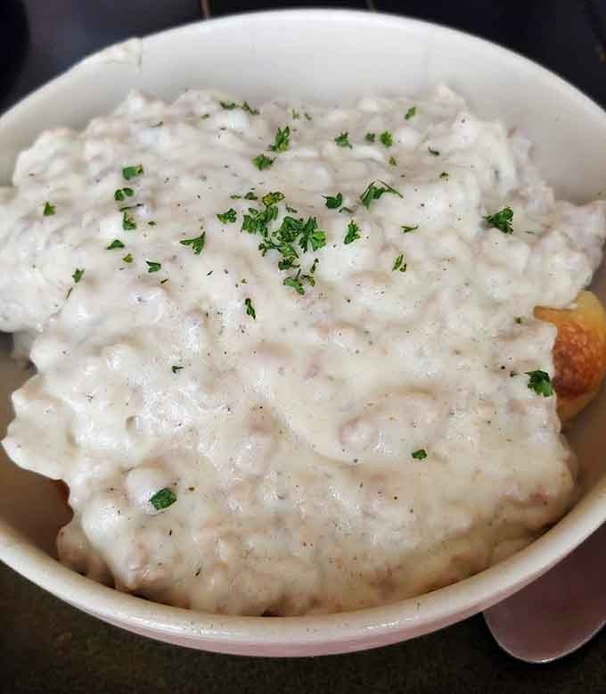 One look at this peppery, sausage-studded gravy and you'll understand why people drive from counties away for this dish.
