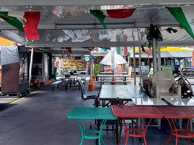 Outdoor dining areas offer a United Nations of cuisine where plastic tables become culinary destinations worth the journey.