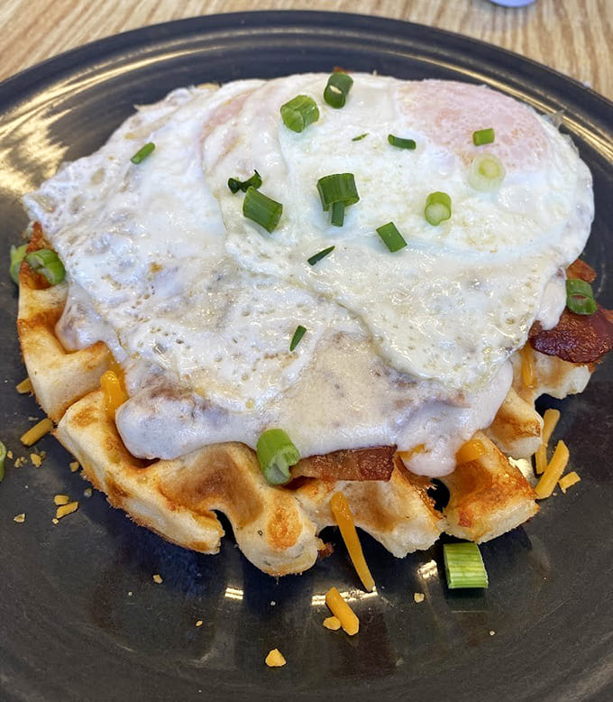 This breakfast waffle situation topped with eggs and cheese is the kind of architectural achievement that makes you wonder if you should take a photo or just dive in immediately.