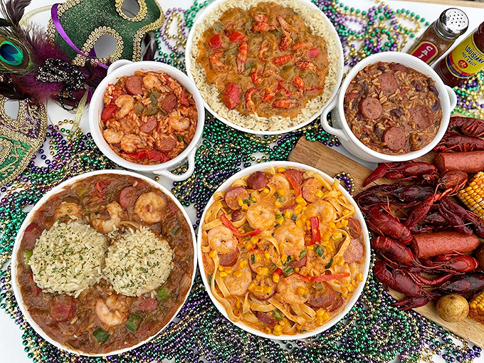A Cajun carnival in bowls&mdash;each dish tells its own spicy story against a backdrop of festive beads.