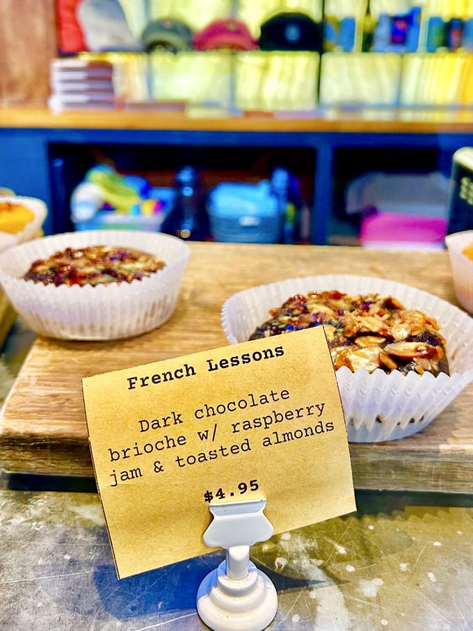 Dark chocolate brioche with raspberry jam and toasted almonds&mdash;proof that the French really do know a thing or two about romance.