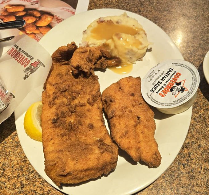 Golden fried haddock with a side of mashed potatoes proves that Governor's knows its way around seafood in multiple forms.