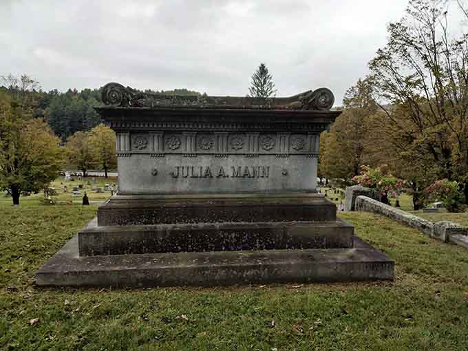 Julia A. Mann's sarcophagus monument commands attention with classical elegance, the kind of final resting place that would make even ancient Romans nod with approval.