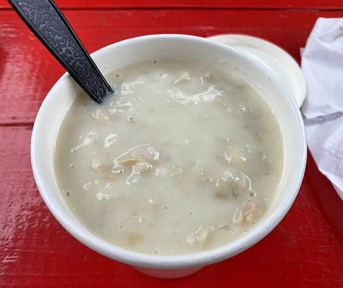 Creamy clam chowder loaded with tender clams warms you up on those cool Maine coastal evenings.