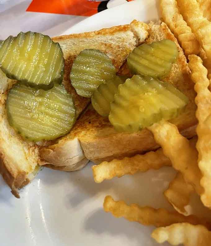 Golden grilled cheese paired with crinkle-cut fries and those essential pickles creates the holy trinity of comfort food done absolutely right.