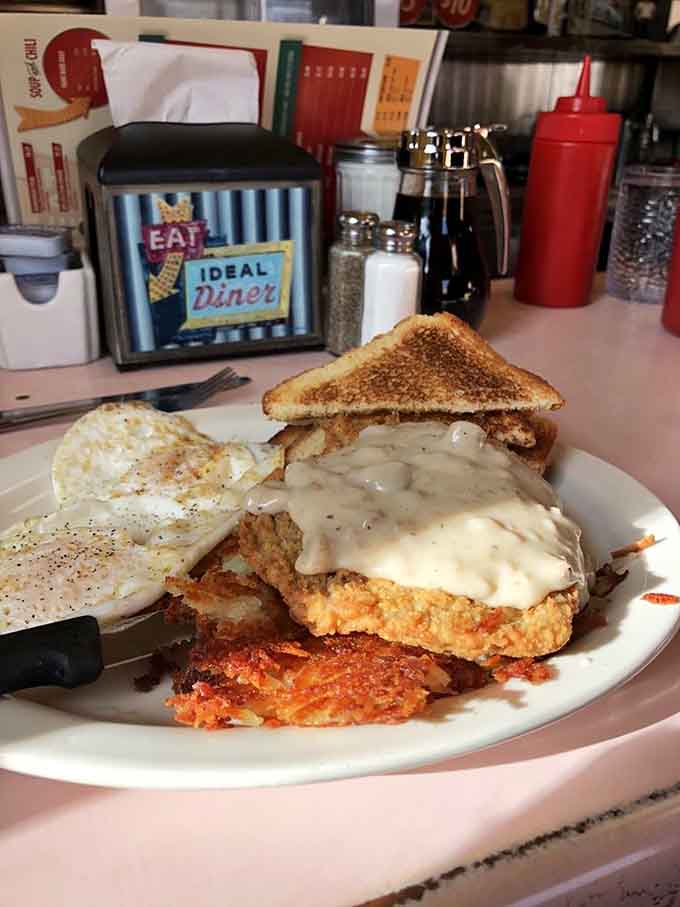 Country fried steak smothered in gravy alongside eggs and hash browns is comfort food that doesn't apologize for being exactly what it is.