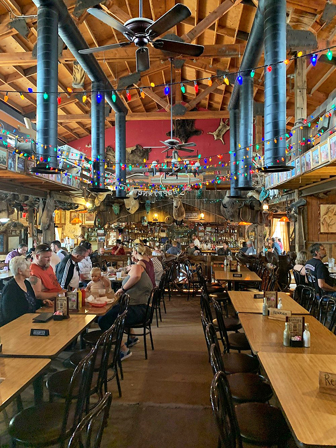 The Mammoth Saloon's interior glows with warmth, colorful string lights creating an atmosphere that's both festive and nostalgic.
