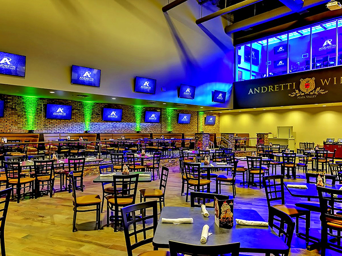 Fuel up before your race in this sleek pit stop. The only thing missing is a checkered flag tablecloth and tire-shaped salt shakers.