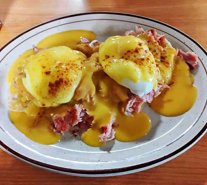 Eggs Benedict: Poached eggs perched atop ham and drenched in hollandaise that's rich enough to make you consider moving to Houghton Lake permanently.