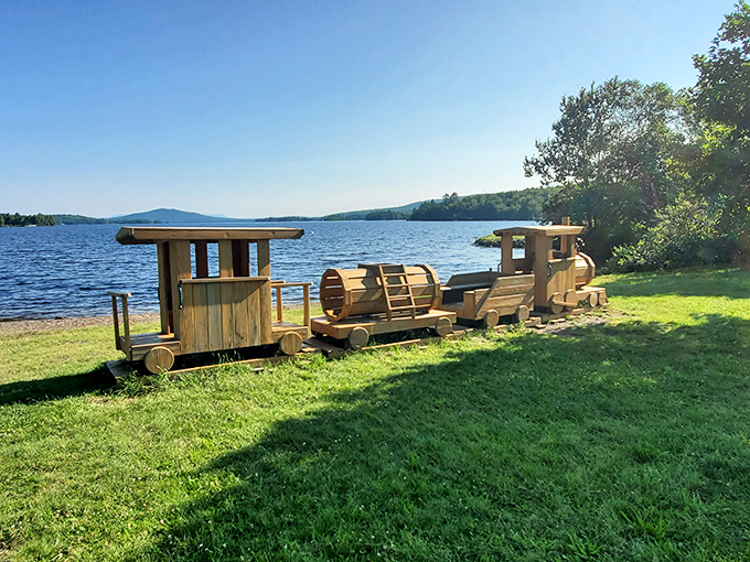 This wooden train delights children and reminds adults of simpler pleasures in our complicated world.